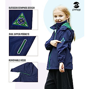SaphiRose Kids Rain Jacket Waterproof Raincoat Mesh Lined Coat with Removable Hood for Boys Girls (Navy,8-9 years)