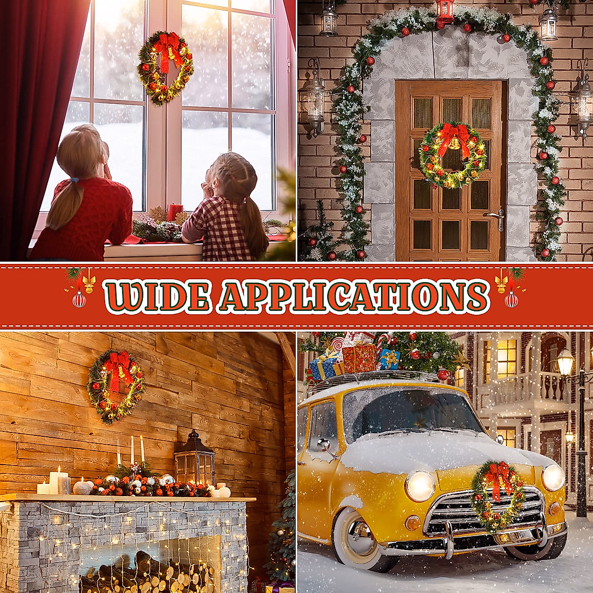 Datanly Christmas Car Wreath Decorative LED Lighted Car Wreath Bell Red Bow Wreath Christmas Decorations for Car Truck SUV Mounting Equipment, 11.8 Inches