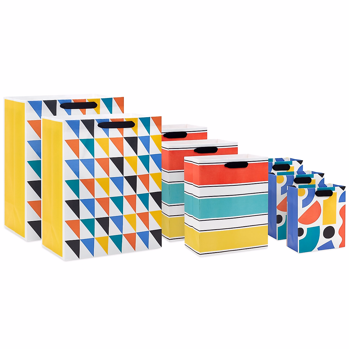 Hallmark Assorted Gift Bags (8 Bags: 3 Small 6", 3 Medium 9", 2 Large 13") Colorful Stripes, Triangles, Shapes