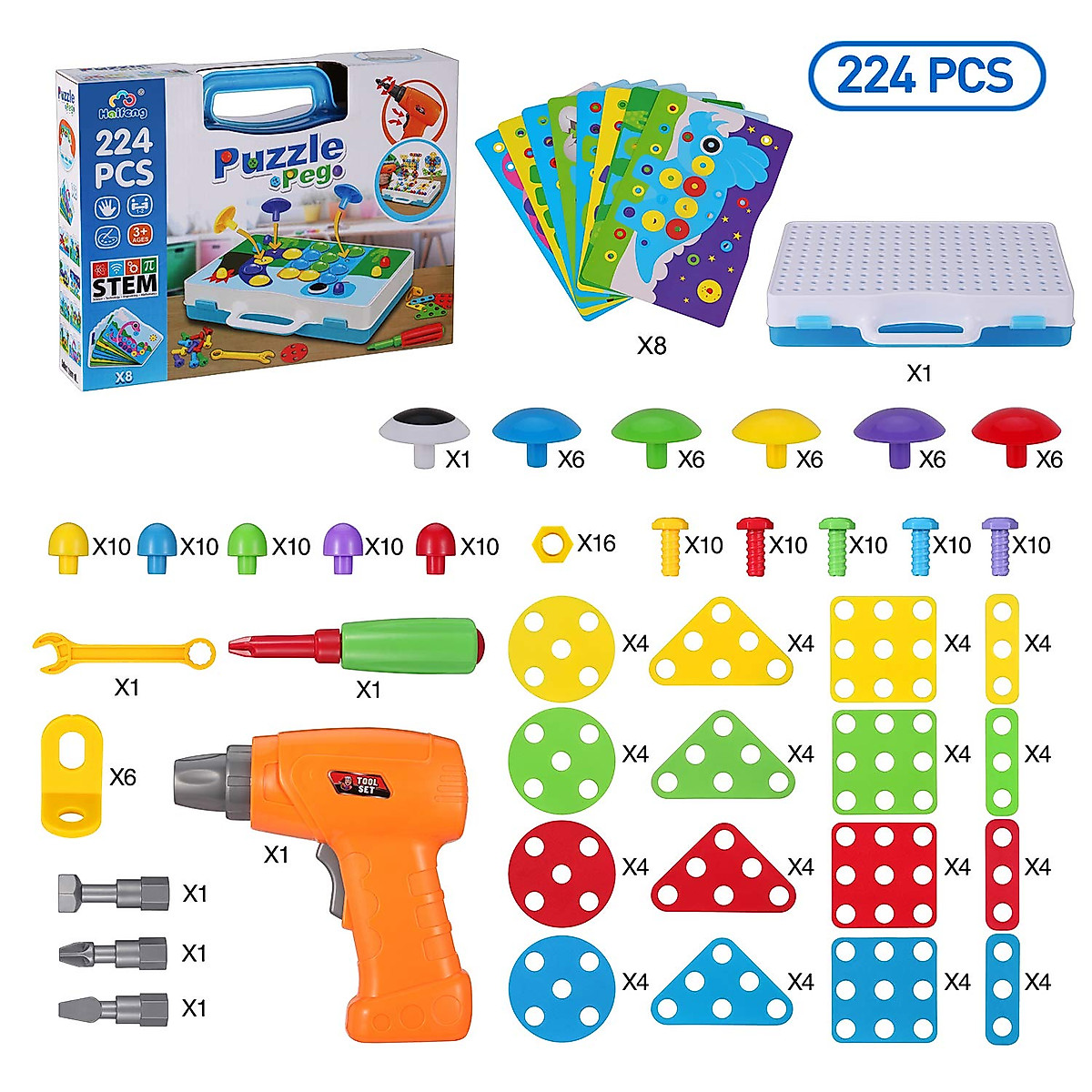 Haifeng STEM Educational Toys for 3-8 Year Old, Creative Mosaic Drill Set for Kids, DIY Electric Drill Puzzle Toys, 3D Construction Games with Toy Drill, Engineering Building Kits for Boys and Girls
