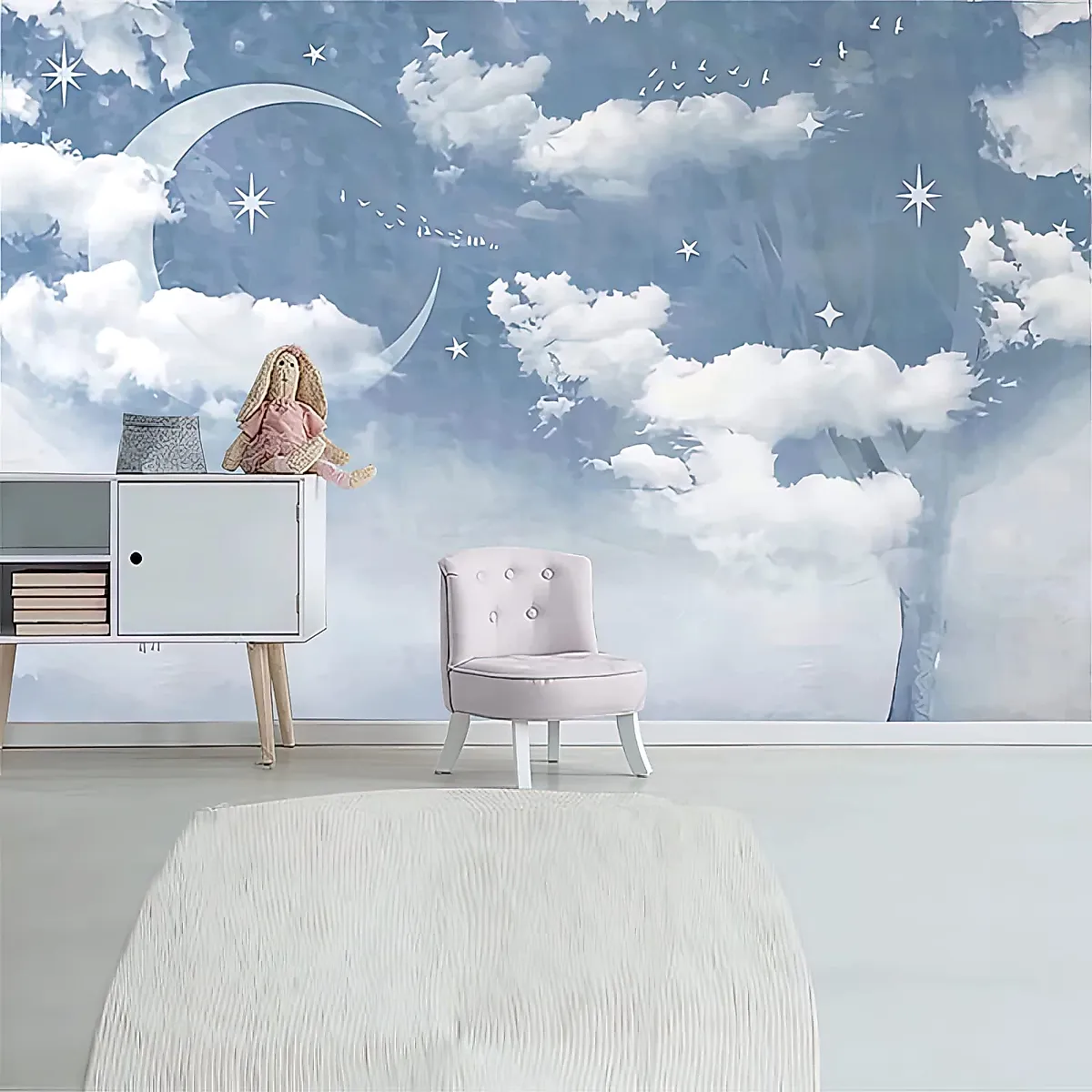 Big Tree Star Moon Elk 3D Wall Mural Wallpaper, Night Sky Photo Print Wallpaper, Panoramic Mural for Living Room Bedroom Study TV Background Decor - 59"x 39.4"(W x H)