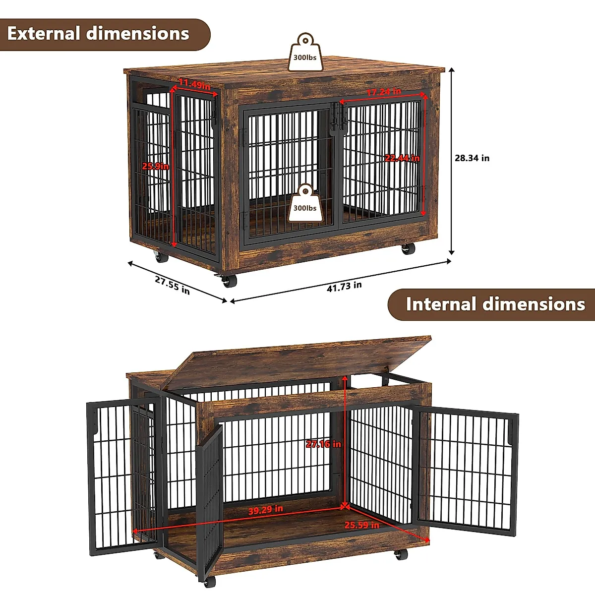 EasyCom Dog Crate Furniture, Extra Large Dog Kennel Indoor with Top-Access Teasing/Feeding Door, Spacious Dog House Moveable Furniture-Style Dog Cage with Wheels Double Doors