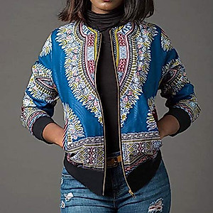 DONTAL Women Dashiki Coat Retro Long Sleeve African Print Short Casual Jacket Autumn Outwear Blue