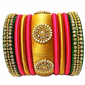 GOELX Festive Offer: Rani Pink Green and Gold Silk Thread Handcrafted Bangle Bracelet for Women - 2.4