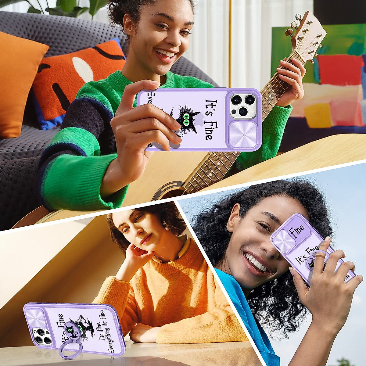 Plakill for iPhone 13 Pro Max Case Cute Stylish Designer Phone Cover with Slide Camera Cover + Ring Holder, Fine Cat Slim Protective Shockproof Hard Clear Cases for iPhone 13 Pro Max 6.7"