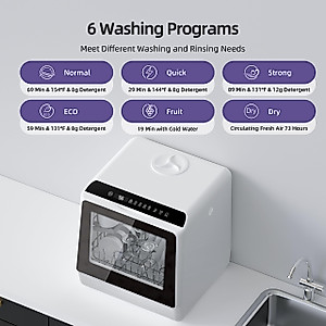 FIREGAS Portable Countertop Dishwasher, 5 L Built-in Water Tank & Inlet Hose, 6 Washing Programs Mini Dishwasher with Air-Dry Function and LED Light for Apartments, Dorms and RVs