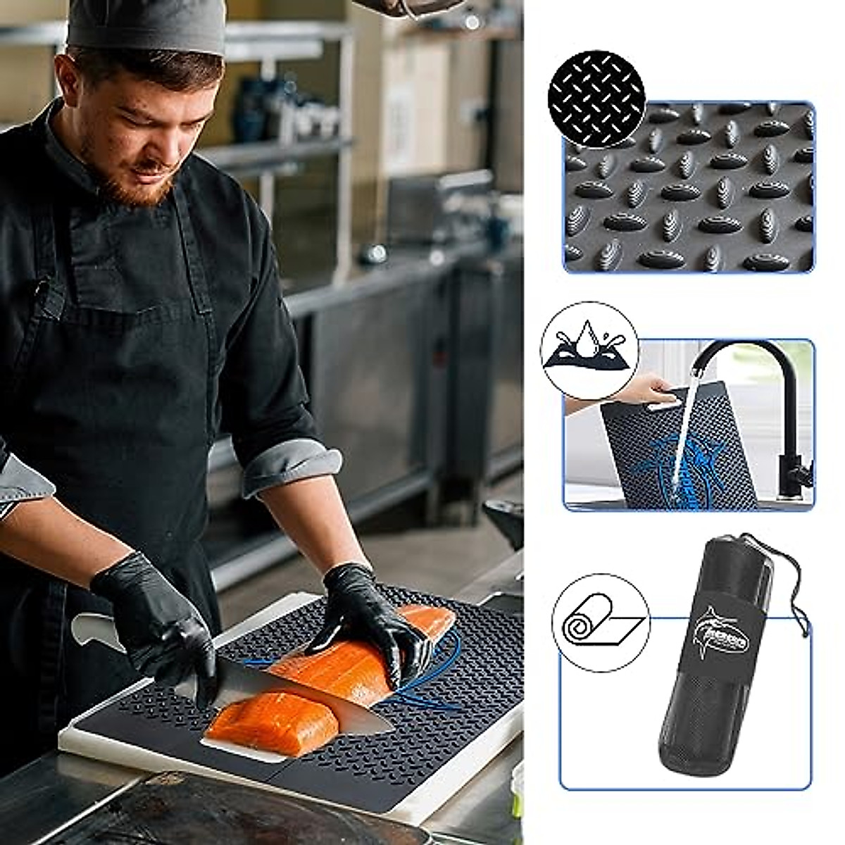 Mershca Fish Fillet Mat with Storage Bag, Portable Fish Cleaning & Cutting Board Grips Fish for Easy Filleting, Fish Mat for Scaling Fish, 14"x24"
