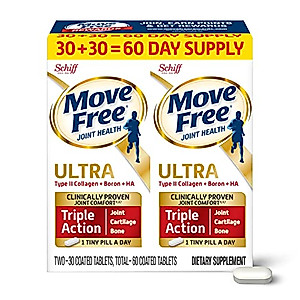 Move Free Ultra Triple Action Joint Support Supplement - Type II Collagen Boron & Hyaluronic Acid - Supports Joint Comfort, Cartiliage & Bones in 1 Tiny Pill Per Day, 2x30ct Bottles (60 servings)*