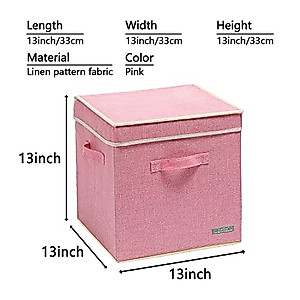 YueYue Linen Collapsible Storage Bins With Lids，Foldable Fabric Storage Bins Boxes，Storage boxes with lids Closet Bin（2 Pack Pink，13in/13in/13in