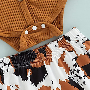 Lefyira Cow Print Bell Bottoms Baby Girl Off Shoulder Short Sleeve Romper Rib Knit Button Bodysuit Flare Pants Headband Outfit (Brown, 0-6 Months)
