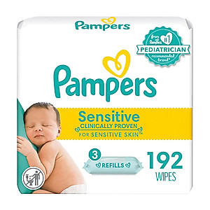 Pampers Sensitive Baby Wipes, Water Based, Hypoallergenic and Unscented, 3 Refill Packs (192 Wipes Total) [Packaging May Vary]