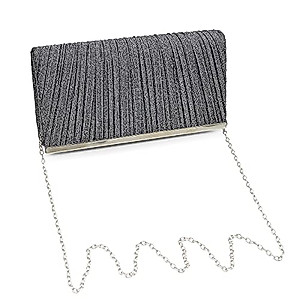 Premium Pleated Metallic Glitter Mesh Clutch Evening Bag Handbag, Grey One Size