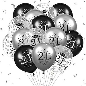 21st Birthday Balloons Decorations 15pcs Black Silver Happy 21st Birthday Party Latex Confetti Balloons for Men Women Boys Girls 21st Anniversary Happy Birthday Party Decor Supplies 12 inches