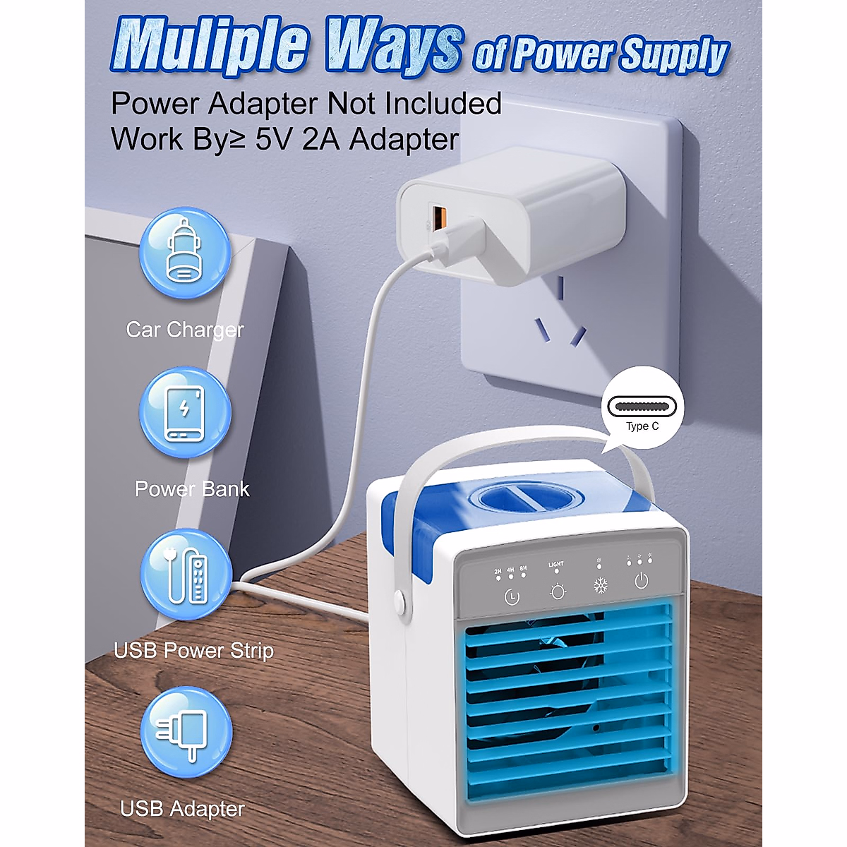 Portable Air Conditioners, 3 Wind Speeds & 7 LED Lights Evaporative Personal Air Cooler, 4 in 1 Portable AC with 300ml Large Water Tank, Mini Air Conditioner for Bedroom/Car/Home/Camping/Room