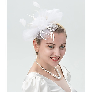 Myjoyday Women's Fascinators Hat for Tea Party Church Cocktail, Feathers Veil Headband with Hair Clip (White)