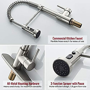 RODDEX Kitchen Faucet Stainless Steel Solid Brass Single Handle Single Hole Sink Faucets with Pause Button, 3 Hole Cover Deck Plate Pull Out Pullout Sprayer, Silver & Brushed Nickel …