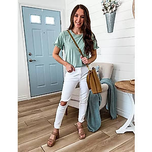 PRETTYGARDEN Women's Short Sleeve Casual T Shirts Summer Ruffle Plain Round Neck Loose Fit Tee Blouse Tops (Green,X-Large)