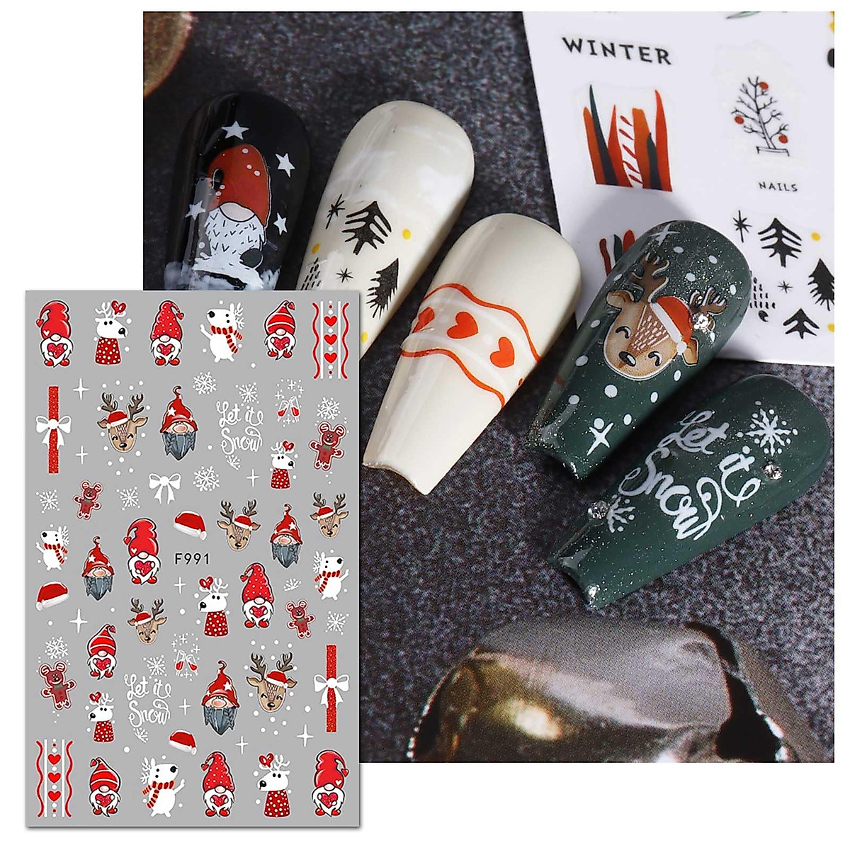 JMEOWIO 10 Sheets Christmas Nail Art Stickers Decals Self-Adhesive Pegatinas Uñas Snowflake Xmas Winter Holiday Cute Nail Supplies Nail Art Design Decoration Accessories