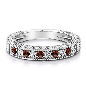 1.00 Ct Garnet and White Created Sapphire 925 Sterling Silver Ladies Anniversary Wedding Band Ring,Red and White, ring size 7