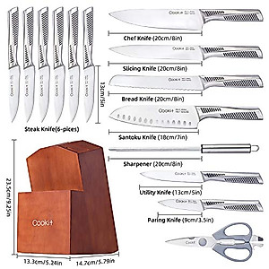Kitchen Knife Set, Cookit 15 Piece Knife Sets with Block Chef Knife Stainless Steel Hollow Handle Cutlery with Manual Sharpener