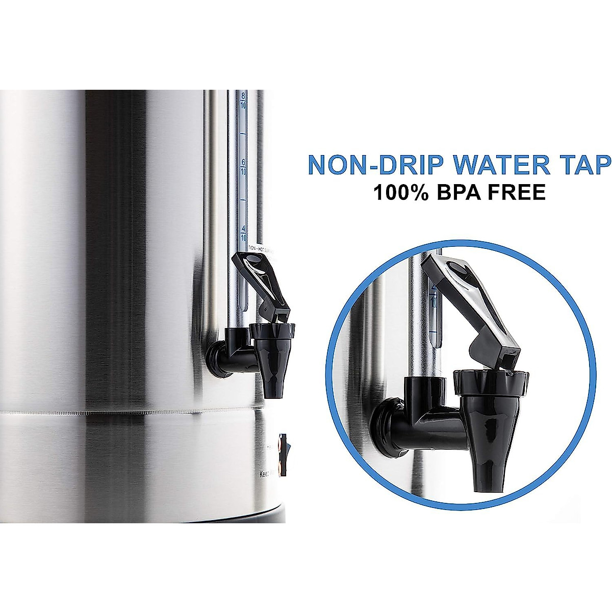 SYBO 2024 UPGRADE SR-CP-50B Commercial Grade Stainless Steel Percolate Coffee Maker Hot Water Urn for Catering, 50-Cup 8L, Silver