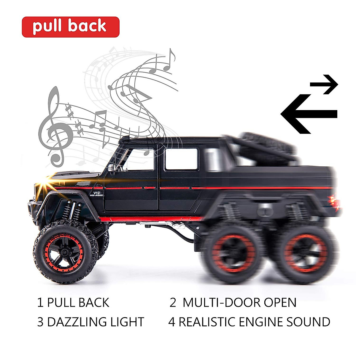 BDTCTK 1/22 Benz G63 AMG 6x6 V12 Off-Road Black Pickup Model Car, Zinc Alloy Pull Back Toy car with Sound and Light for Kids Boy Girl Gift (Black)
