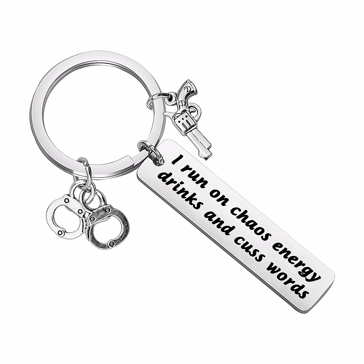 HOLLP Correctional Officer Gift Funny Curse Keychain I Run On Chaos Energy Drinks And Cuss Words Keychain Corrections Gift for Police Officer (Keychain)
