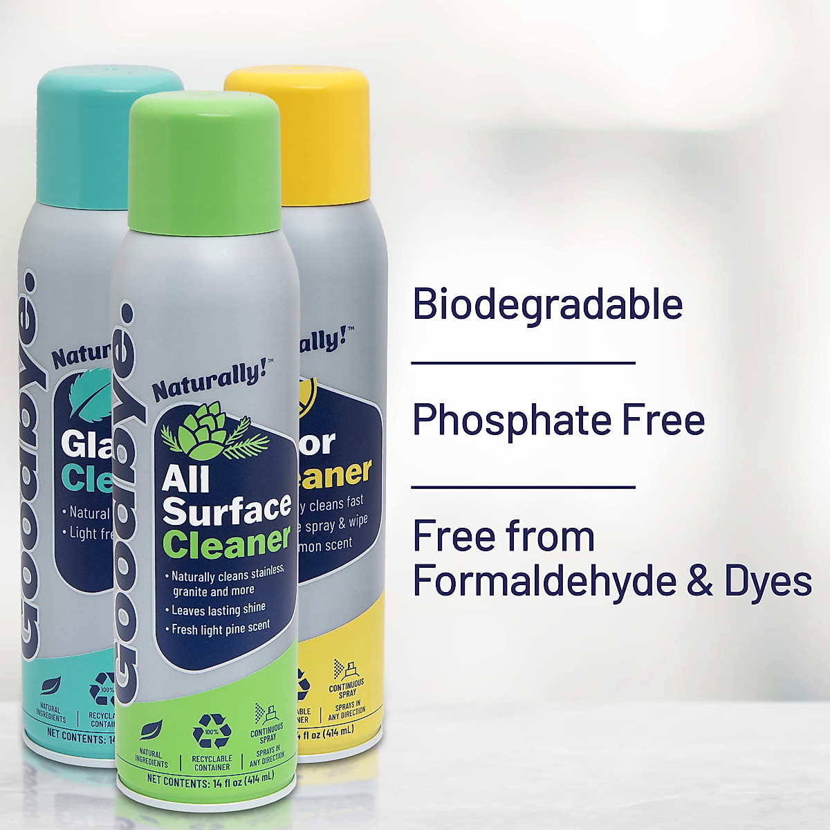 Goodbye Naturally Glass Cleaner, All Surface Cleaner and Floor Cleaner, Safe and Effective All Natural Cleaning Products, 14 oz Continuous Spray Cans, 3 Pack