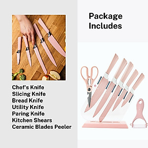 Bakedger 7 pieces knives set, ultra sharp, attractive design, chef knife, slicing knife, bread knife,utility knife paring and shears, scissors, peeler, stylish design, Pink