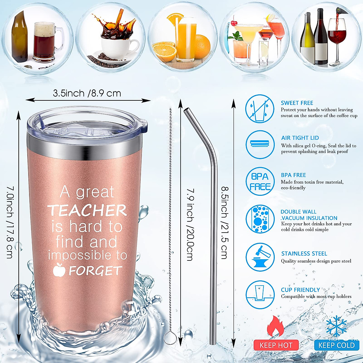 8 Pieces Thank You Teacher Travel Tumbler Bulk Teacher Appreciation Travel Mug Thank You for Being Awesome Cups with Lid and Straw 20 oz Stainless Steel Tumbler Mug for Teachers Women Friends Gifts