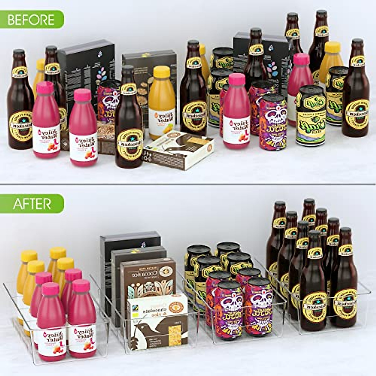 3 Pack Snack Organizer for Pantry – Food Organization and Storage Clear Bins w Removable 3 Dividers, Acrylic Fridge/Refrigerator Organizers, for Kitchen, Cabinets, Snacks, Packets, Sauce, Pouches