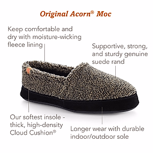 Acorn mens Slippers Moccasin, Black Berber, 10.5-11.5 Wide US