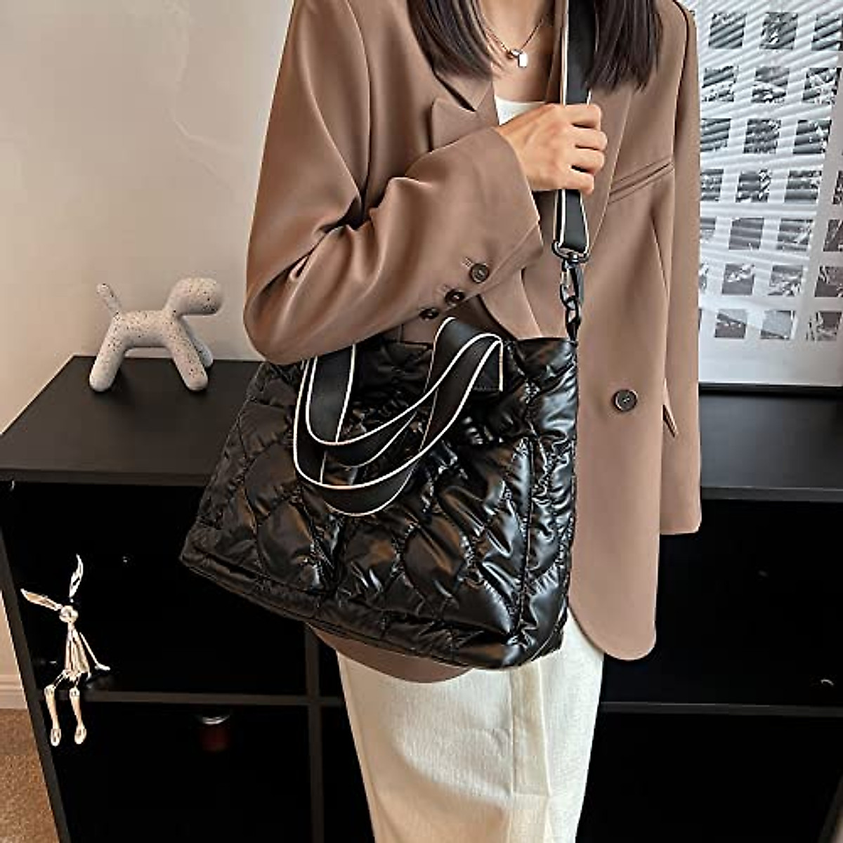 JQWYGB Puffer Tote Bag for Women - Large Puffy Tote Bag Purse Soft Padded Cotton Quilted Crossbody Bags Handbags