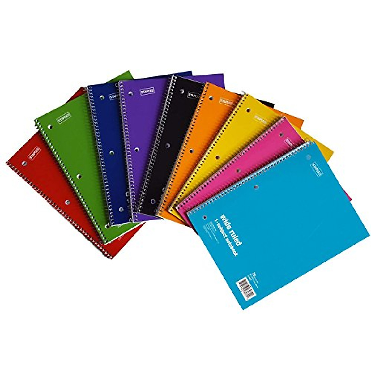 Staples Spiral Notebook 1-subject, 70-count, Wide Ruled, Assorted Colors, (12 Pack)