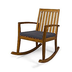 Great Deal Furniture Yvonne Patio Rocking Chair, Acacia Wood Frame, Traditional, Teak Finish with Dark Gray Cushions