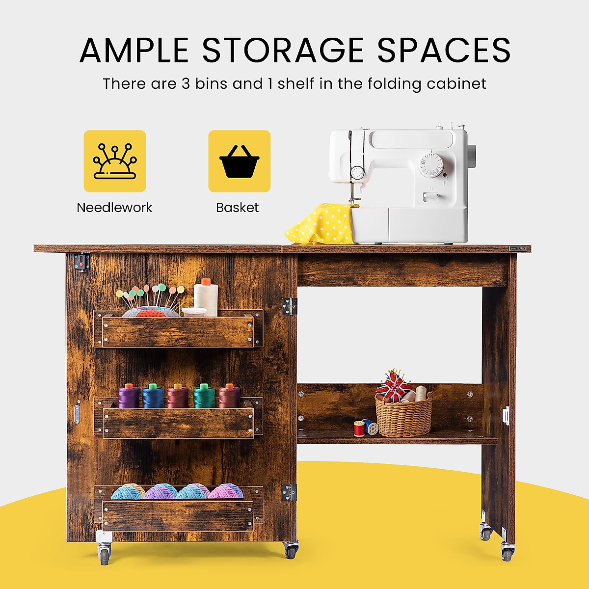 VIVOHOME Folding Sewing Craft Table, Rolling Sewing Machine Desk with Storage Shelves, Sewing Cabinet with Lift for Small Spaces, Rustic Brown