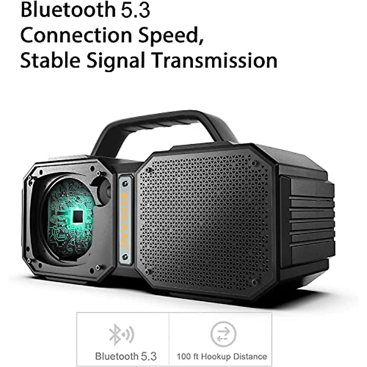 BUGANI Bluetooth Speaker, SHOCKW Portable Bluetooth Speaker, Bluetooth 5.3, Waterproof, Wireless Speakers, 60W Super Power, Outdoor Speaker, Black(New Model)