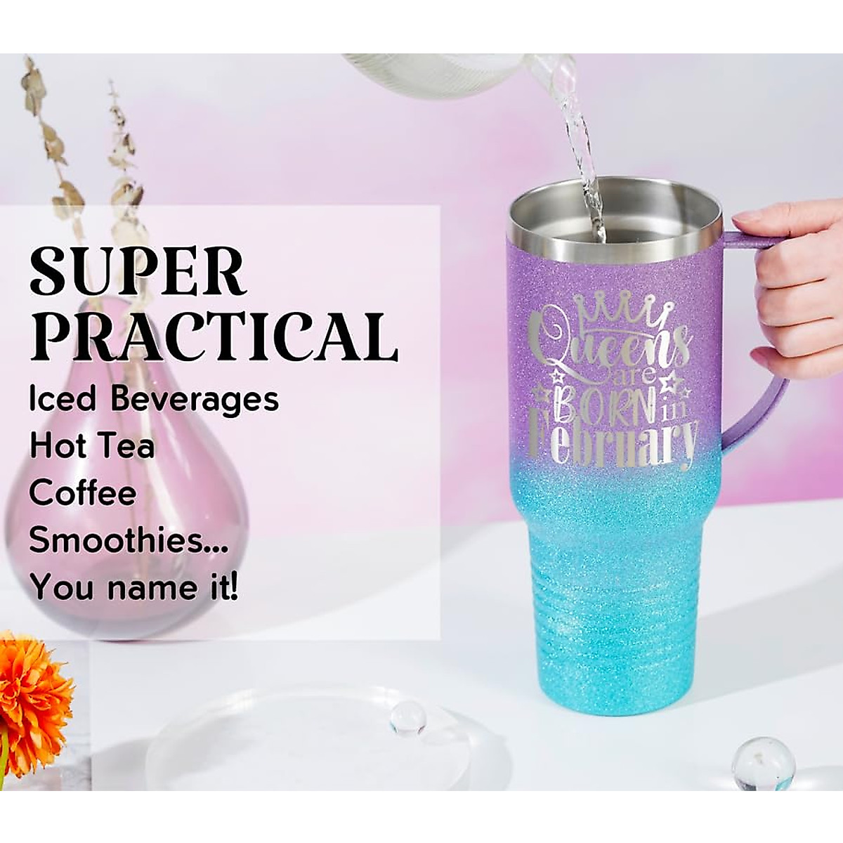 Onebttl Funny Birthday Gifts for Women, Her, Birthday Queen, 40 oz Tumbler with Handle, Glittery Purple and Teal Ombre, Queens are Born in July