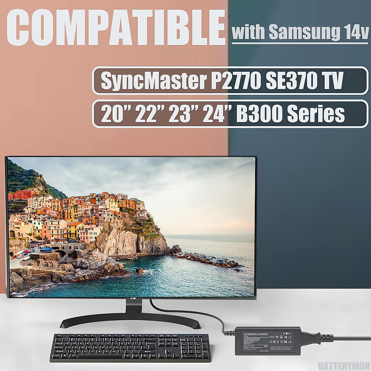 14V 4A Power Supply for Samsung SyncMaster P2770 S22C300H C27F398 C27F591 S24D300 S22E310 S27E310 S27B550 S20A350B S22F350F S22B150N S24D332H S27B350 UN22F5000 19" 20" 22" 23" 24" 27" LED Monitor Cord