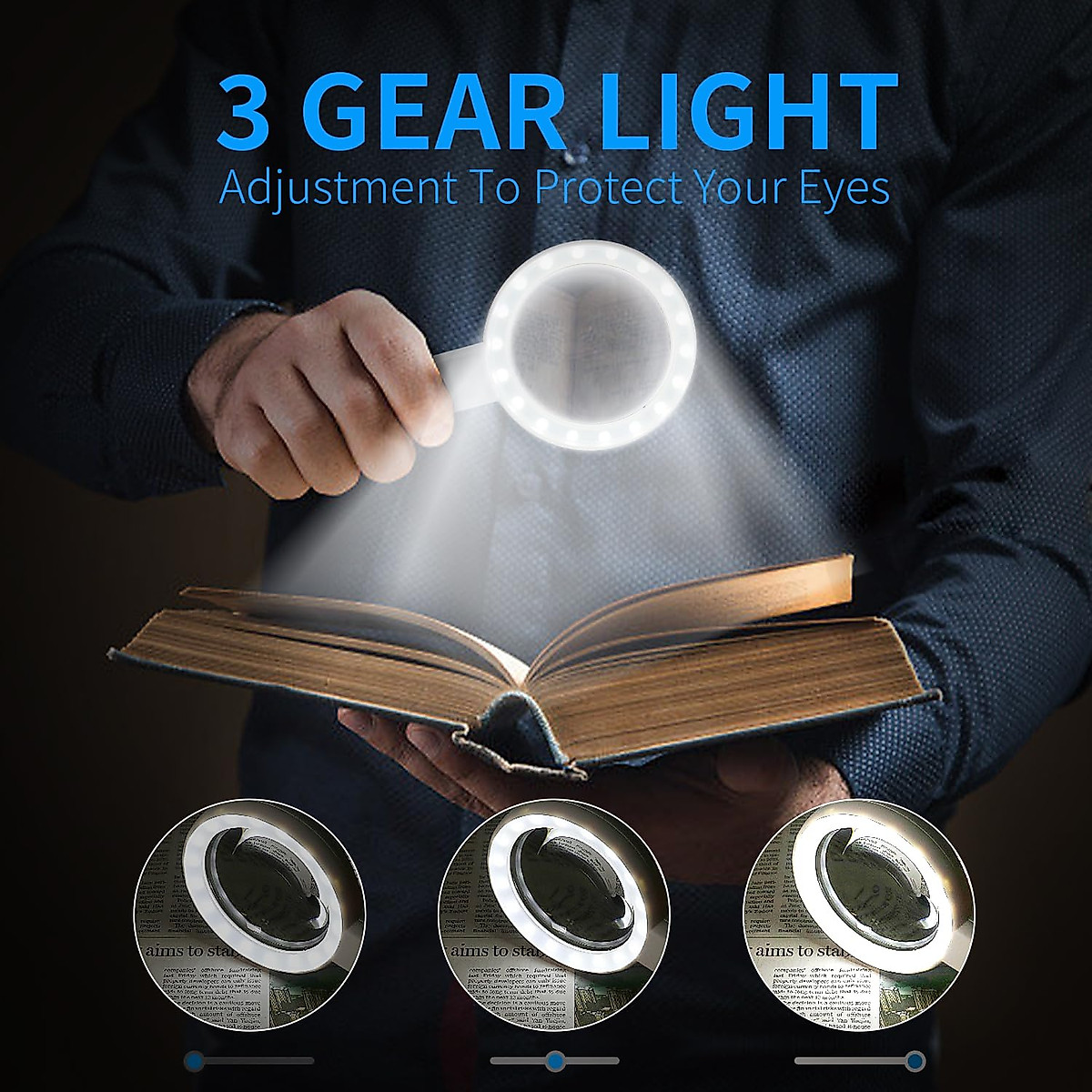 Magnifying Glass with Light, 12X 5X Handheld Magnifier with 18LED Light Have 3 Modes, Illuminated Lighted Magnifier for Reading, Inspection, Coins, Jewelry, Exploring