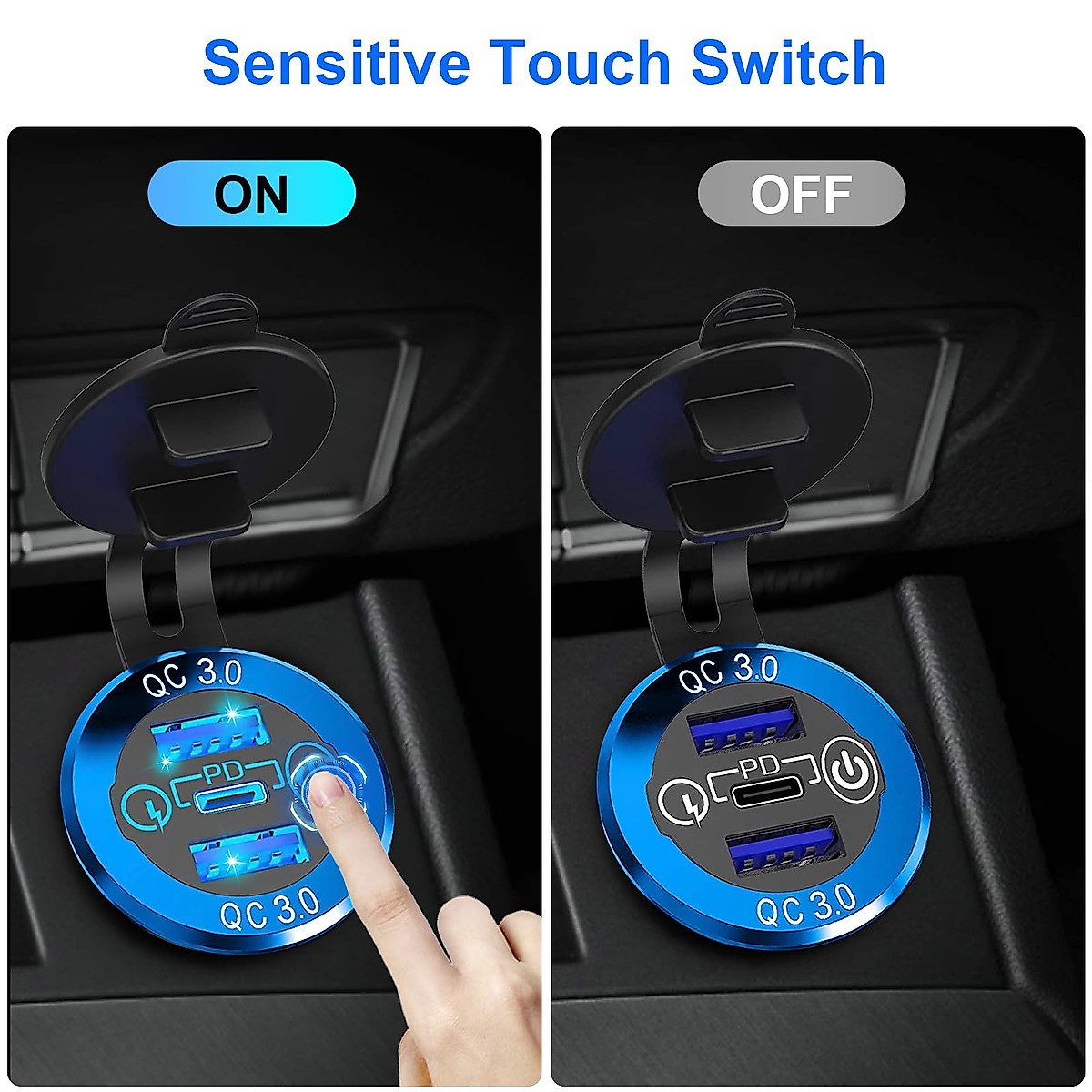 OCTODER 12V USB Outlet, 30W USB C & 30W Dual QC 3.0 USB A Port, Quick Charge 12V 24V USB C Outlet with Touch Switch, Waterproof Charger Socket for Car RV Boat Marine Motorcycle Truck Golf Cart