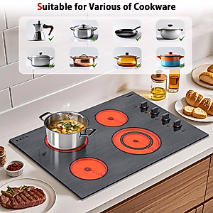 Karinear Electric Cooktop 30 Inch, 4 Burners Electric Stove Knob Control, Built-in Electric Ceramic Cooktop with Beautiful Woodgrain Pattern Glass Surface, 6700W, 220-240v Hard Wired(No Plug)