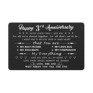 Mataly Happy 3rd Anniversary Card Gifts for Him Her - Never Forget That I Love You - 3 Year Anniversary Engraved Gifts for Husband Wife, Metal Wallet Card