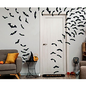 Halloween Decorations Indoor - Bats Halloween Decorations Plastic Spooky Scary 3D Bats for Halloween Party Bathroom Kitchen Home Room Outdoor Wall Glow Eyes Bats Stickers Gothic Decor 56 Pcs