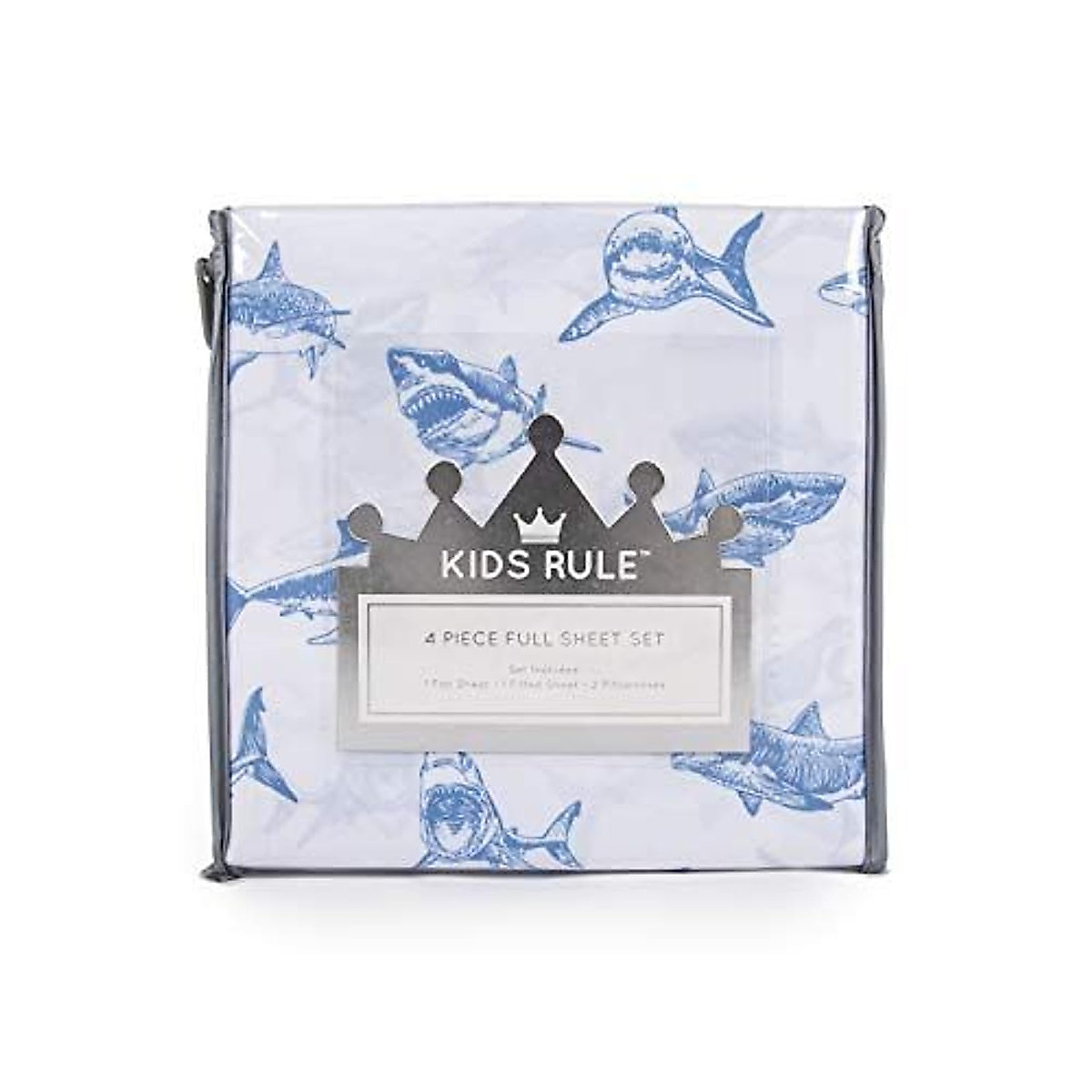 Kids Rule 4-Piece Shark Sketch Sheet Set for Boys & Kids - 1 Full Flat Sheet, 1 Full Fitted Sheet & 2 Queen Pillowcases, Soft Brushed Microfiber Polyester Bed Sheet, Smooth & Durable
