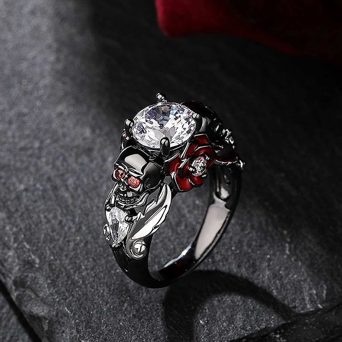 Jeulia 2.55ct Skull Engagement Ring Sets Sterling Silver Heart Cut Red Diamond Ruby Rings Cubic Zirconia Wedding Promise Anniversary Romantic Jewelry for Women Grils Bridal with Gift Box (Romantic Death, 7)