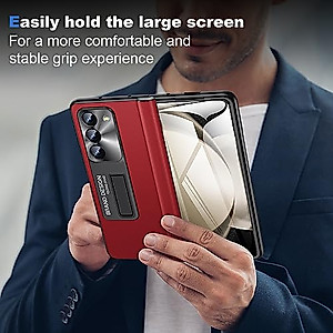 spoovcto for Samsung Galaxy Z-Fold-5 Case: Genuine Leather Phone Case with Full Hinge Protection & Kickstand & Screen Protector for Samsung Z Fold 5 5G 2023 (Red)
