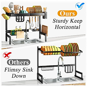 SAYZH Over The Sink Dish Drying Rack, Dish Drying Rack Auto-Drain Expandable (19.9 to 34 inch) 2-Tier Kitchen Counter Dish Drainer Rack with Metal Steel Utensil Cup Holder Sink Caddy, Black