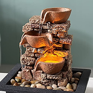 Haobos Indoor 3-Tier Rockery Relaxation Tabletop Fountain Soothing Sound Home/Office Decor Relaxing Waterfall Meditation Tabletop Fountain LED Lights