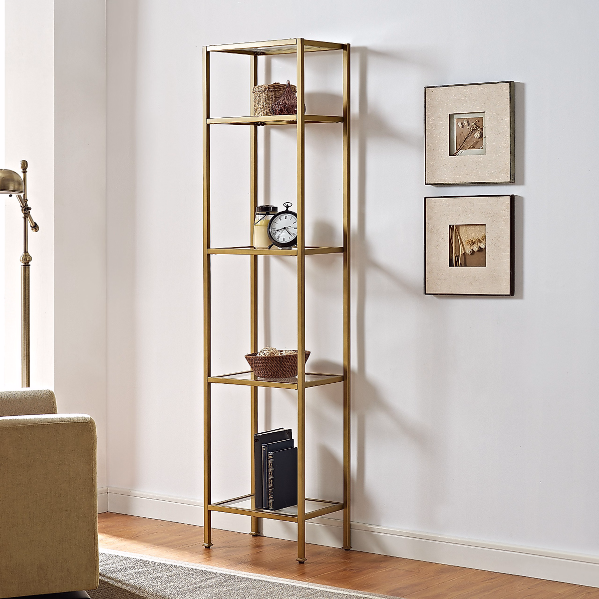 Crosley Furniture Aimee Narrow Bookshelf with Glass Shelves, Bookcase Storage, Gold and Glass